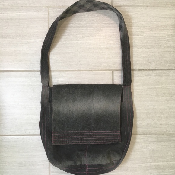 Bags | Denim And Pink Checkered Messenger Tote Bag | Poshmark